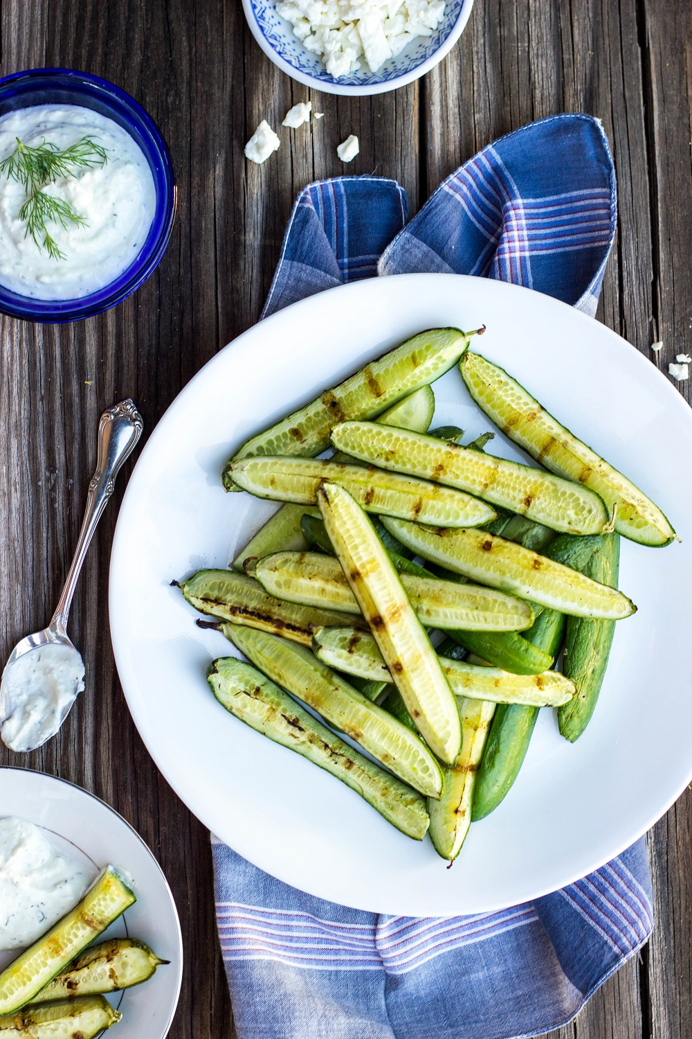 Grilled Cucumbers with Creamy Pickled Feta Dip - She Likes Food