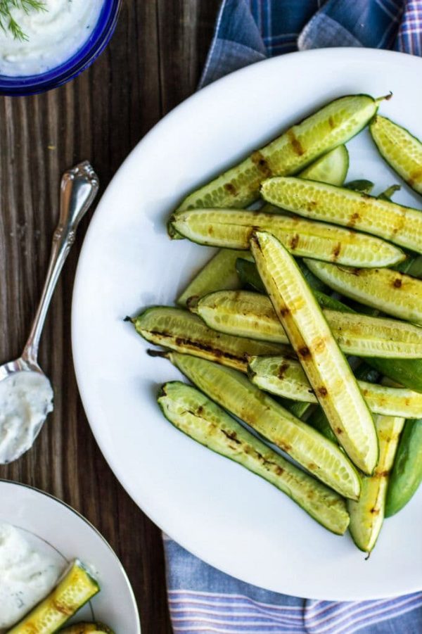 Grilled Cucumbers with Creamy Pickled Feta Dip - She Likes Food