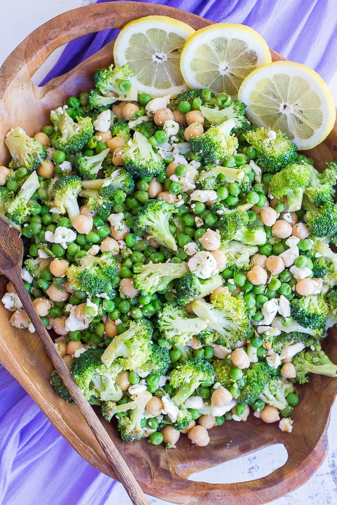 Lemony Broccoli Salad with Chickpeas and Feta - She Likes Food