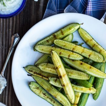 Grilled Cucumbers with Creamy Pickled Feta Dip - She Likes Food