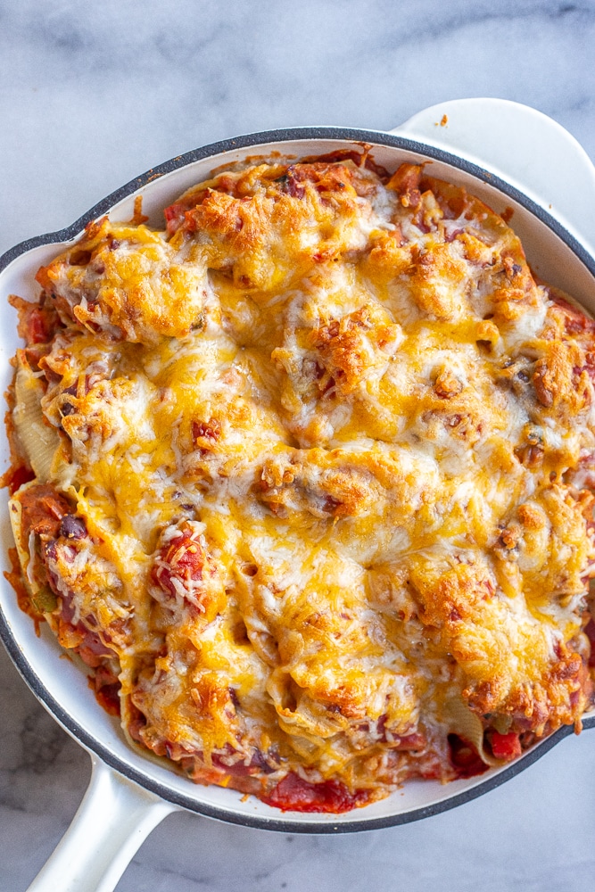 Vegetarian Chili Cheese Stuffed Shells - She Likes Food