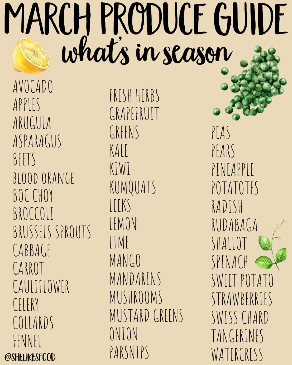 March Produce Guide + In Season Recipes - She Likes Food