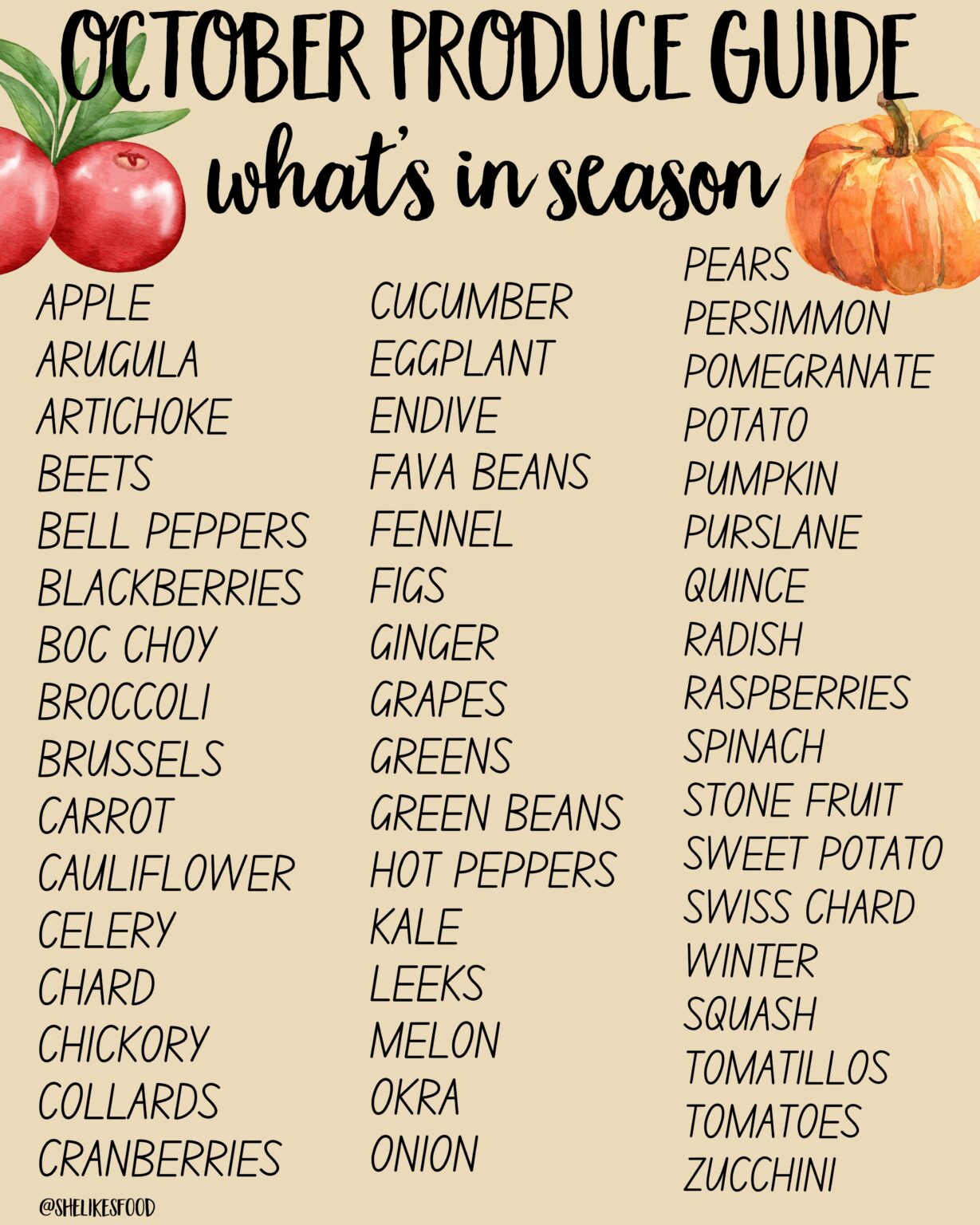 October Produce Guide + In Season Recipes - She Likes Food
