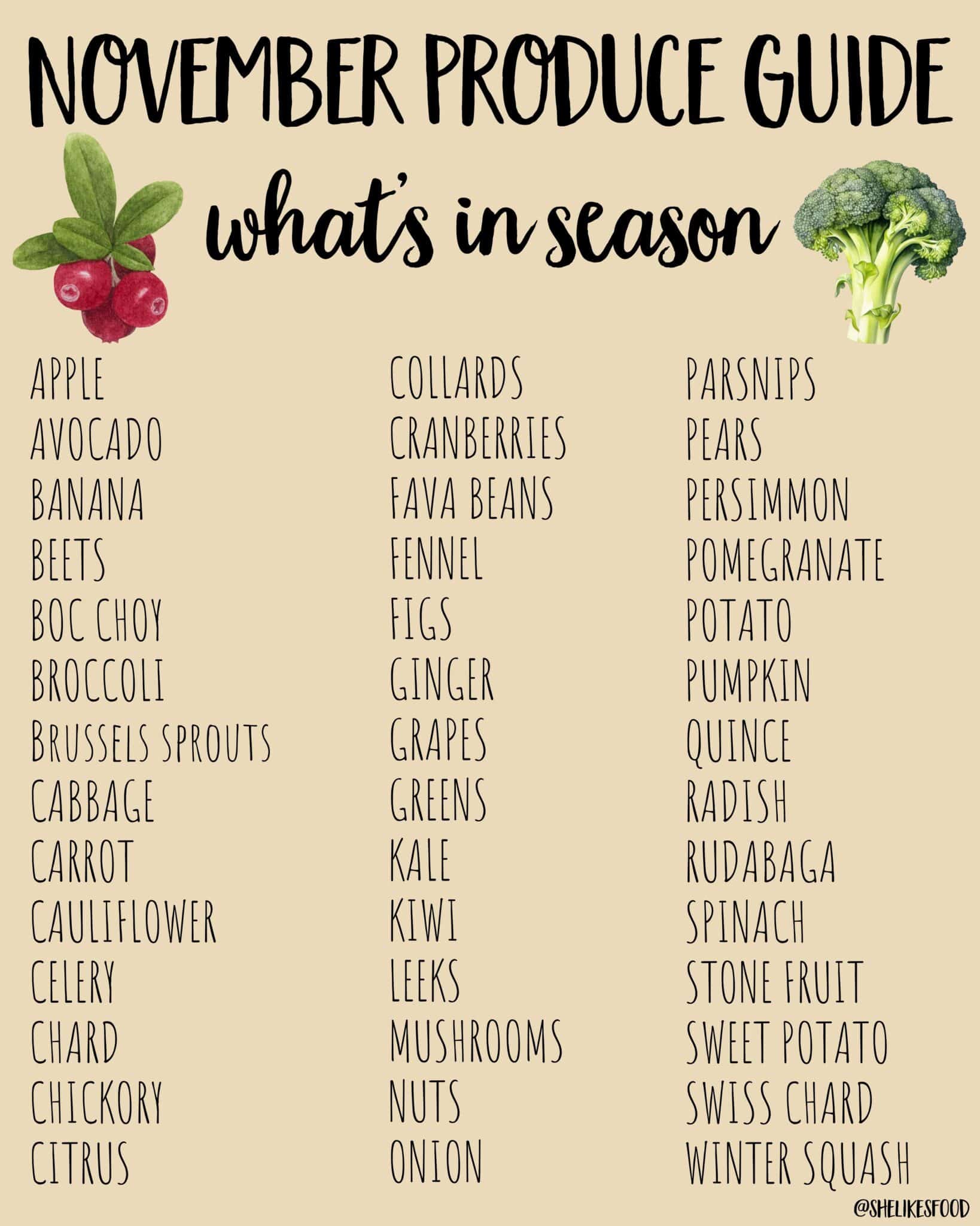 November Produce Guide + In Season Recipes - She Likes Food